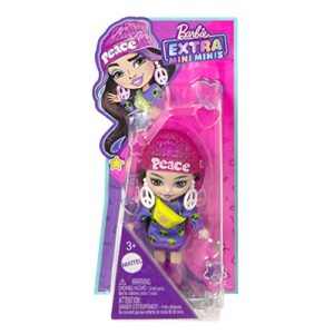 Barbie Extra Mini Minis Doll with Brunette Hair, Alien Sweater Dress & Peace Sign-Themed Accessories & Stand, 3.25-inch