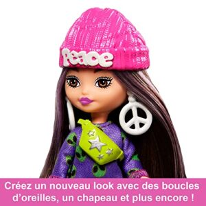 Barbie Extra Mini Minis Doll with Brunette Hair, Alien Sweater Dress & Peace Sign-Themed Accessories & Stand, 3.25-inch