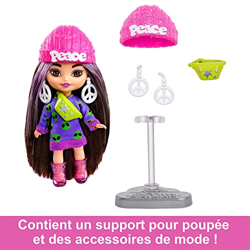 Barbie Extra Mini Minis Doll with Brunette Hair, Alien Sweater Dress & Peace Sign-Themed Accessories & Stand, 3.25-inch