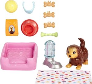 barbie pets and accessories, interactive wagging & nodding puppy playset with pet bed, 11 total animal-themed pieces