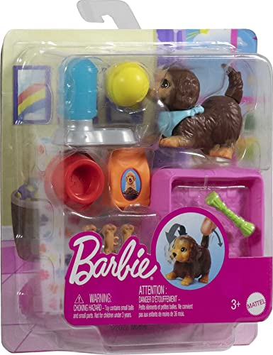 Barbie Pets and Accessories, Interactive Wagging & Nodding Puppy Playset with Pet Bed, 11 Total Animal-Themed Pieces