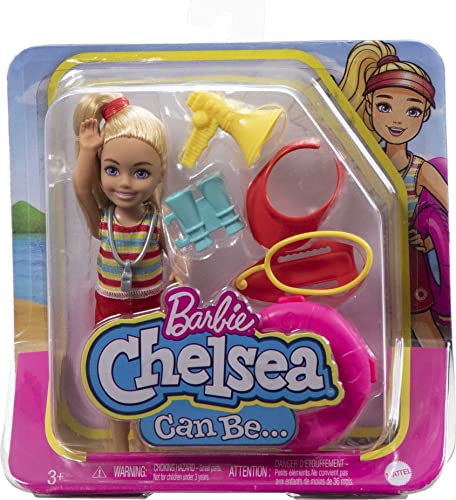 Barbie Chelsea Can Be Doll & Playset, Blonde Lifeguard Small Doll with Removable Outfit & 6 Career Accessories