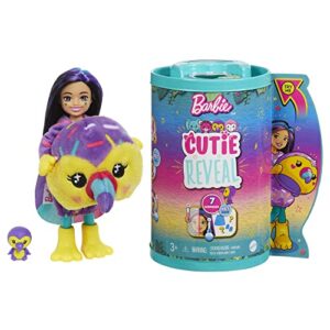 barbie cutie reveal chelsea small doll, jungle series toucan plush costume, 7 surprises include mini pet & color change