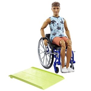 barbie ken fashionistas doll #195 with wheelchair and ramp wearing beach shirt, orange shorts and accessories