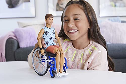 Barbie Ken Fashionistas Doll #195 with Wheelchair and Ramp Wearing Beach Shirt, Orange Shorts and Accessories