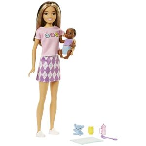 barbie skipper babysitters inc doll & accessories set, doll with two-tone hair & argyle skirt, baby doll & 5 pieces