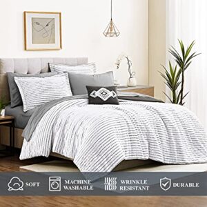 WRENSONGE Boho Queen Jacquard Comforter Set, 8 Pieces Black and White Striped Tufted Comforter Set, Microfiber Cozy Farmhouse Bedding Set with Decor Pillow, Lightweight Breathable for All Seasons