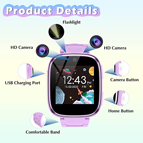 Kids Smart Watch Girls Boys - Smart Watch for Kids Game Smart Watch Gifts for 4-12 Years Old with 26 Games Camera Alarm Video Music Player Pedometer Flashlight Birthday Gift for Boys Girls (Purple)