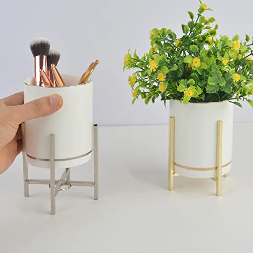 Pen Pencil Holder for Desk, Ceramic Desk Decor Organizer for Womens Girls, Durable Ceramic Pencil Cup Holder, 3.35" x 3.82" Makeup Cups for Brushes, Cup Painted with Gold Trims, Gold Bracket, 1 Pcs