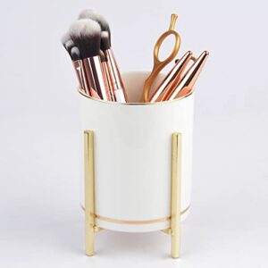 Pen Pencil Holder for Desk, Ceramic Desk Decor Organizer for Womens Girls, Durable Ceramic Pencil Cup Holder, 3.35" x 3.82" Makeup Cups for Brushes, Cup Painted with Gold Trims, Gold Bracket, 1 Pcs