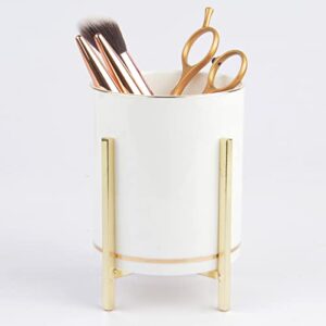 Pen Pencil Holder for Desk, Ceramic Desk Decor Organizer for Womens Girls, Durable Ceramic Pencil Cup Holder, 3.35" x 3.82" Makeup Cups for Brushes, Cup Painted with Gold Trims, Gold Bracket, 1 Pcs