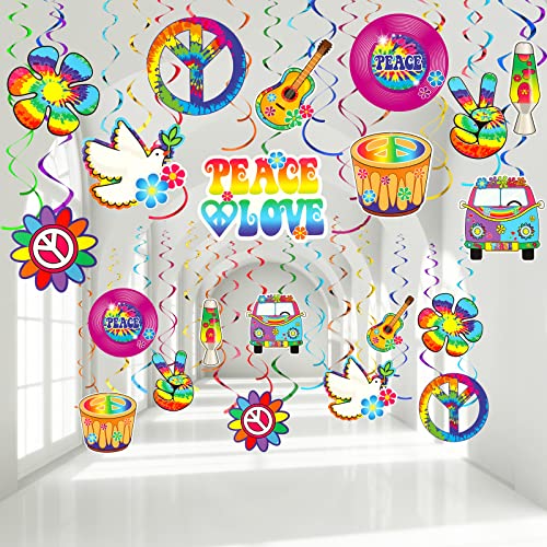 60's Hippie Theme Party Foil Swirl Decorations, 60s Groovy Party Retro Flower Cutouts Peace Sign Hanging Swirls Ceiling Decorations for 60s Hippie Theme Groovy Party Supplies, 30 Count (Novel)