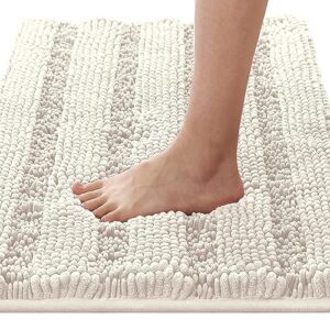 h.versailtex bathroom rugs bath rugs for bathroom non slip bath mats extra thick chenille striped rug 17" x 24" absorbent soft shaggy washable dry fast bath mats for bathroom floor - ivory