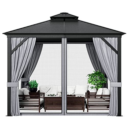 Tangkula 10x10 Ft Hardtop Gazebo, Double-Top Outdoor Gazebo with Galvanized Steel Roof, Anti-Rust Aluminum Frame, Patio Gazebo Pavilion with Netting and Curtains for Patio, Garden, Lawn