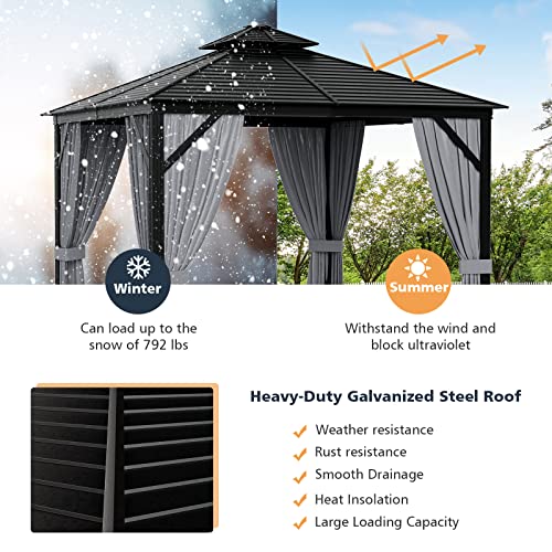 Tangkula 10x10 Ft Hardtop Gazebo, Double-Top Outdoor Gazebo with Galvanized Steel Roof, Anti-Rust Aluminum Frame, Patio Gazebo Pavilion with Netting and Curtains for Patio, Garden, Lawn