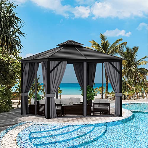 Tangkula 10x10 Ft Hardtop Gazebo, Double-Top Outdoor Gazebo with Galvanized Steel Roof, Anti-Rust Aluminum Frame, Patio Gazebo Pavilion with Netting and Curtains for Patio, Garden, Lawn