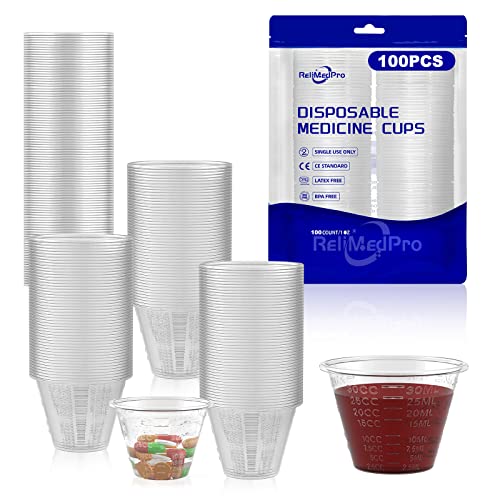 ReliMedPro disposable graduated plastic medicine cups, bulk pack of 100, 1 OZ (30ml) small measuring cups for liquid medication, paint, epoxy, pill and resin (100)