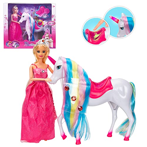 White Unicorn with Magic Light Horn and Fairy Tale Princess Doll 11.5“, W/Comb and Crystal Crown, Girls' Unicorn Doll Toys Gifts, Presents for Girl Kids Aged 3+