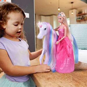 White Unicorn with Magic Light Horn and Fairy Tale Princess Doll 11.5“, W/Comb and Crystal Crown, Girls' Unicorn Doll Toys Gifts, Presents for Girl Kids Aged 3+