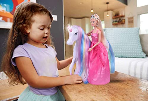 White Unicorn with Magic Light Horn and Fairy Tale Princess Doll 11.5“, W/Comb and Crystal Crown, Girls' Unicorn Doll Toys Gifts, Presents for Girl Kids Aged 3+