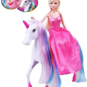 White Unicorn with Magic Light Horn and Fairy Tale Princess Doll 11.5“, W/Comb and Crystal Crown, Girls' Unicorn Doll Toys Gifts, Presents for Girl Kids Aged 3+