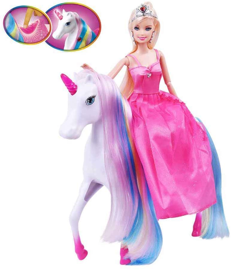 White Unicorn with Magic Light Horn and Fairy Tale Princess Doll 11.5“, W/Comb and Crystal Crown, Girls' Unicorn Doll Toys Gifts, Presents for Girl Kids Aged 3+