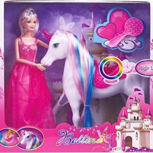 White Unicorn with Magic Light Horn and Fairy Tale Princess Doll 11.5“, W/Comb and Crystal Crown, Girls' Unicorn Doll Toys Gifts, Presents for Girl Kids Aged 3+