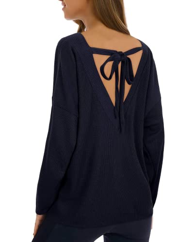 OUGES Womens Tie Back Knit Tops V Neck Long Sleeve Casual Sweater Pullover（Navy,M）