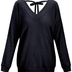 OUGES Womens Tie Back Knit Tops V Neck Long Sleeve Casual Sweater Pullover（Navy,M）