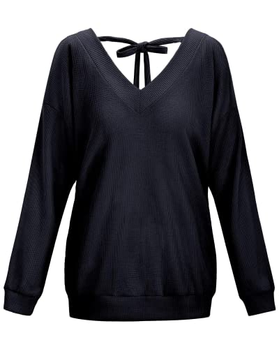 OUGES Womens Tie Back Knit Tops V Neck Long Sleeve Casual Sweater Pullover（Navy,M）