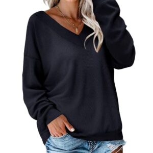 OUGES Womens Tie Back Knit Tops V Neck Long Sleeve Casual Sweater Pullover（Navy,M）