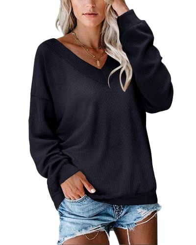 OUGES Womens Tie Back Knit Tops V Neck Long Sleeve Casual Sweater Pullover（Navy,M）