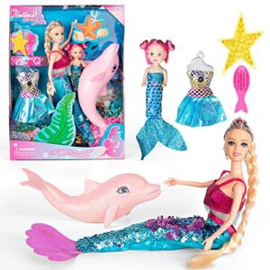 mermaid princess doll with little mermaid and pink dolphin playset, blonde hair mermaid toys with accessories, gift for 3 to 7 year old girls