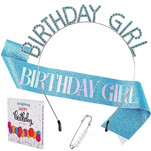 Birthday Girl Sash & Tiara Set, Blue Birthday Sash and Rhinestone Crown for Women, Happy Birthday Party Decorations Headband Birthday Gifts for Her, Happy Birthday Decor