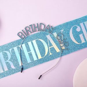 Birthday Girl Sash & Tiara Set, Blue Birthday Sash and Rhinestone Crown for Women, Happy Birthday Party Decorations Headband Birthday Gifts for Her, Happy Birthday Decor