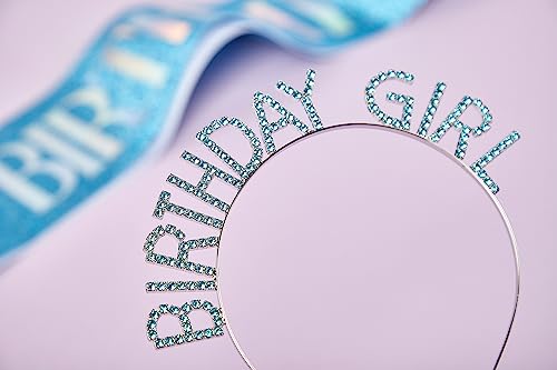 Birthday Girl Sash & Tiara Set, Blue Birthday Sash and Rhinestone Crown for Women, Happy Birthday Party Decorations Headband Birthday Gifts for Her, Happy Birthday Decor