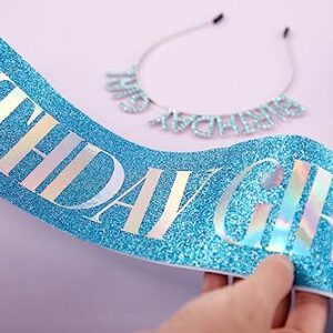 Birthday Girl Sash & Tiara Set, Blue Birthday Sash and Rhinestone Crown for Women, Happy Birthday Party Decorations Headband Birthday Gifts for Her, Happy Birthday Decor