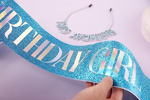 Birthday Girl Sash & Tiara Set, Blue Birthday Sash and Rhinestone Crown for Women, Happy Birthday Party Decorations Headband Birthday Gifts for Her, Happy Birthday Decor