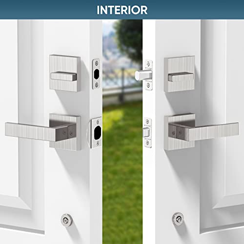 TICONN Double Front Door Handle Set, Heavy Duty Square Door Lever and Single Cylinder Deadbolt Combo for Side by Side Entrance Exterior Doors (Satin Nickel)