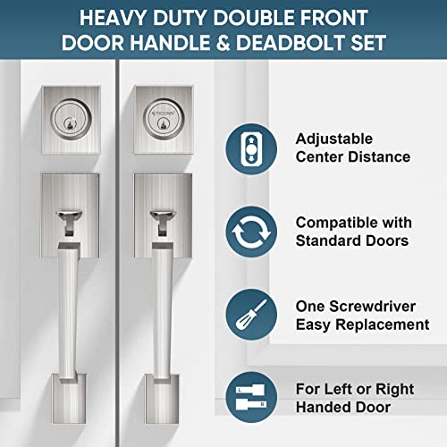 TICONN Double Front Door Handle Set, Heavy Duty Square Door Lever and Single Cylinder Deadbolt Combo for Side by Side Entrance Exterior Doors (Satin Nickel)