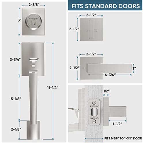 TICONN Double Front Door Handle Set, Heavy Duty Square Door Lever and Single Cylinder Deadbolt Combo for Side by Side Entrance Exterior Doors (Satin Nickel)