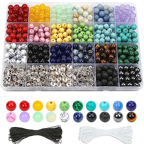 24 Colors Natural Stone Bead Box Set Kits 8mm Round Loose Gemstone Beads with Accessories Tools for Bracelet Jewelry Making