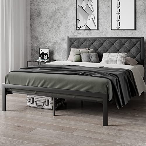 SHA CERLIN Queen Metal Platform Bed Frame,Upholstered Fabric Button Tufted Headboard, Mattress Foundation with 17 Strong Metal Slats Support, No Box Spring Needed, Easy Assembly, Dark Grey