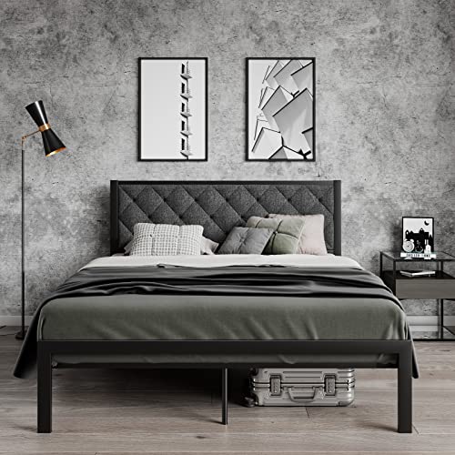 SHA CERLIN Queen Metal Platform Bed Frame,Upholstered Fabric Button Tufted Headboard, Mattress Foundation with 17 Strong Metal Slats Support, No Box Spring Needed, Easy Assembly, Dark Grey