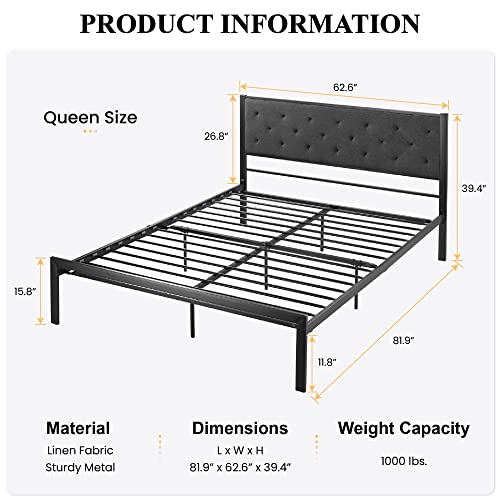 SHA CERLIN Queen Metal Platform Bed Frame,Upholstered Fabric Button Tufted Headboard, Mattress Foundation with 17 Strong Metal Slats Support, No Box Spring Needed, Easy Assembly, Dark Grey