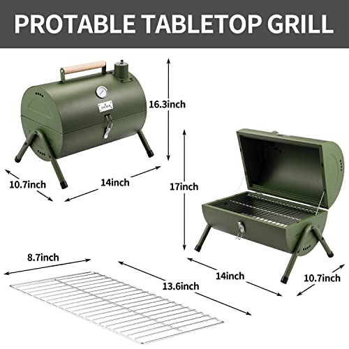 Portable Charcoal Grill, Tabletop Outdoor Barbecue Smoker, Small BBQ Grill for Outdoor Cooking Backyard Camping Picnics Beach by DNKMOR GREEN