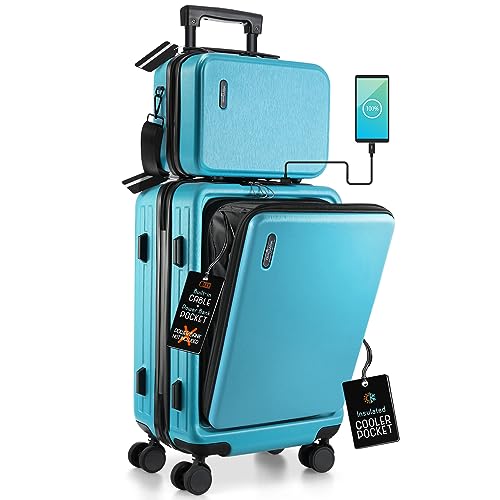 TravelArim 20 Inch Carry On Luggage 22x14x9 Airline Approved, Carry On Suitcase with Wheels, Hard-shell Carry-on Luggage, Teal Small Suitcase, Hardside Luggage Carry On with Cosmetic Carry On Bag