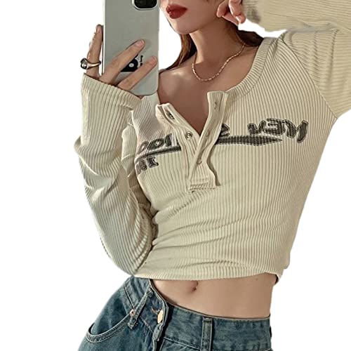 Womens Letter Print Crop Top Y2K E-Girls 90s Long Sleeve Ribbed Shirt Graphic Print Slim Fit Blouse Tops(H01-Apricot,L)