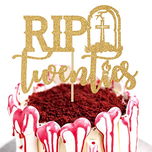 Gold Glitter Rip Twenties Cake Topper, Death to My Twenties/Rip to My Twenties Cake Decorations, Old English Themed 30th Birthday Party Decorations