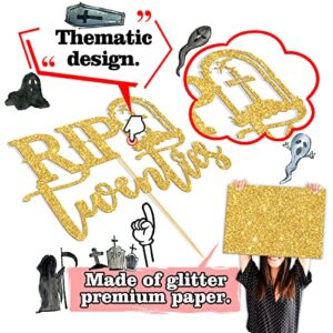 Gold Glitter Rip Twenties Cake Topper, Death to My Twenties/Rip to My Twenties Cake Decorations, Old English Themed 30th Birthday Party Decorations